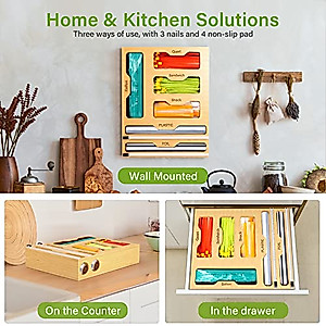 KOCWELL Bag Organizer and Plastic Wrap Dispenser with Cutter, 6 In 1 Bamboo Foil and Plastic Wrap Organizer for Kitchen Drawer, Food Storage Bag Organizer for Gallon,Quart,Sandwich,Snack(Beige)