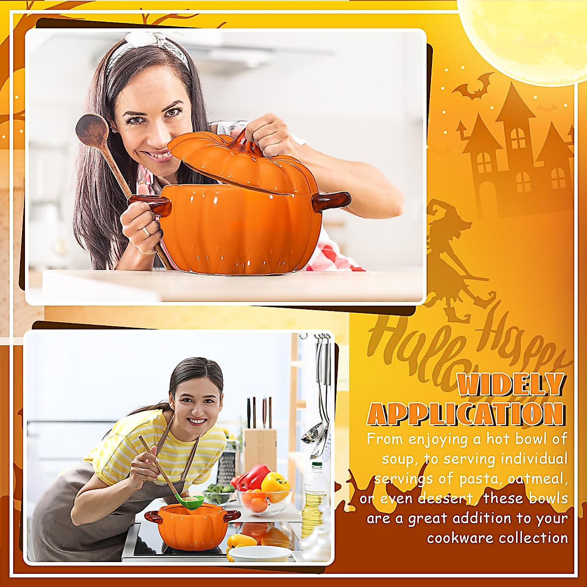 Uiifan 54 oz Ceramic Pumpkin Pot Pumpkin Soup Bowl Baking Pumpkin Bowls Pumpkin Casserole Dish with Lid Double Ear Pumpkin Cookware for Cooking Bakeware Home Halloween Thanksgiving, Oven Safe Orange