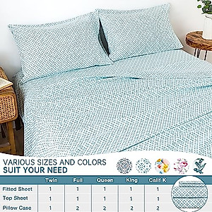 JUMEE 4PC King Sheet Set, Soft Microfiber Floral Bed Sheets, Printed Green Pattern Bedding Set with up to 16" Deep Pocket, Breathable & Cool, Wrinkle and Fade Resistant, Green Laminated Floral