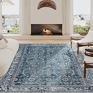jinchan Area Rug 5x7 Washable Rug Blue Vintage Rug Traditional Floor Cover Foldable Thin Rug Retro Kitchen Accent Rug Indoor Distressed Non Slip Carpet Floral Print Mat Bedroom Living Room Bathroom