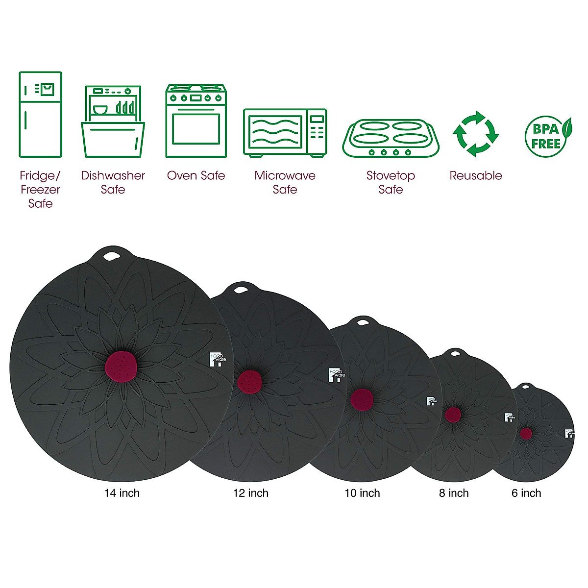 HOGOWARE Set of 5 Premium Silicone Lids for Bowls and Food Covers - 6, 8, 10, 12, 13.5" – Dark Gray Suction Lid - Reusable - Microwave Airtight Seal Lid Covers for Pots, Pans, Bowls, Cups, Skillets