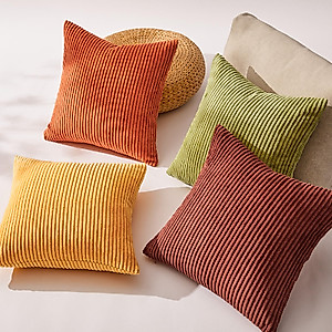 Topfinel Fall Burnt Orange Decorative Throw Pillows Covers 18x18 Inch Set of 4,Yellow Green Gradient Series Corduroy Striped Square Pillow Case,Western Modern Cushion Cover for Couch Sofa Bedroom