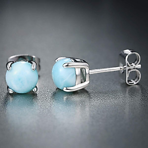 Exquisite 925 Sterling Silver Larimar Stud Earrings GEMSME 925 Sterling Silver Round Larimar Stud Earrings Hypoallergenic Jewelry for Women