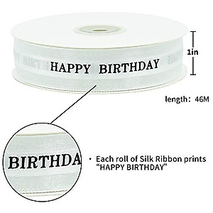 TONIFUL Happy Birthday Ribbon 1 Inch White Satin Silk Ribbons for Gift Wrapping 50 Yards Chiffon Organza Ribbon for Birthday Party Supplies Bouquet Wrapping Cake Box Wrapping Decoration