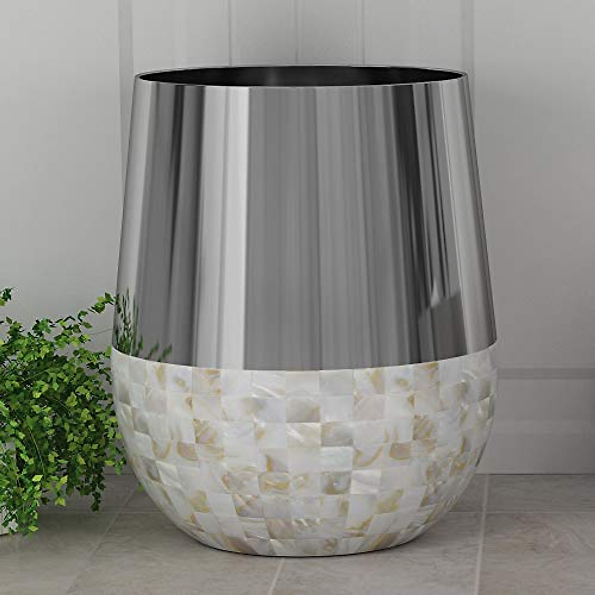nu steel JA8H Jakarta Collection Wastebasket, Round Vintage Trash Can for Bathroom, Bedroom, Dorm, College, Office, 9.5" x 9.5" x 10", Metal with Mother of Pearl Finish, Large, Mop & Shiny
