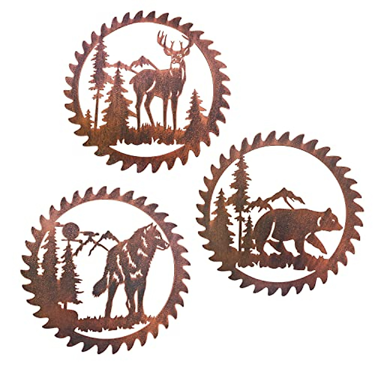 WAIU Metal Cabin Wall Art Decor Deer Bear Wolf in the Forest Pine Tree, 9 Inch Set of 3 Rustic Bronze Concise Saw Blade Decoration Hanging for Living Room Bedroom Bathroom Indoor Outdoor, Lodge