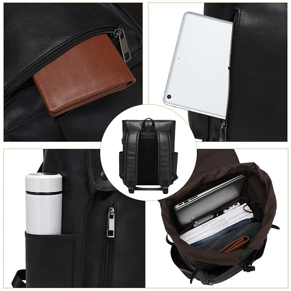 LXY Leather Backpack Vintage College School Backpack, Brown Faux Leather Backpack Purse, 15.6 Inches Laptop Bookbag with USB Charging Port