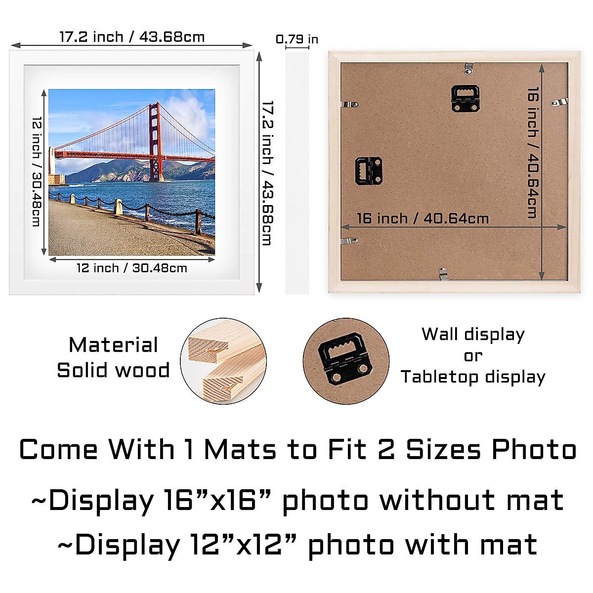 POUYCIW 16x16 inch Wood Picture Frame for Wall Hanging Square Photo Frames with Mats 12x12 inch Pictures for Baby Scan,Poster,Decoration,Anniversary,Wedding,Christmas,Diamond Painting(White)