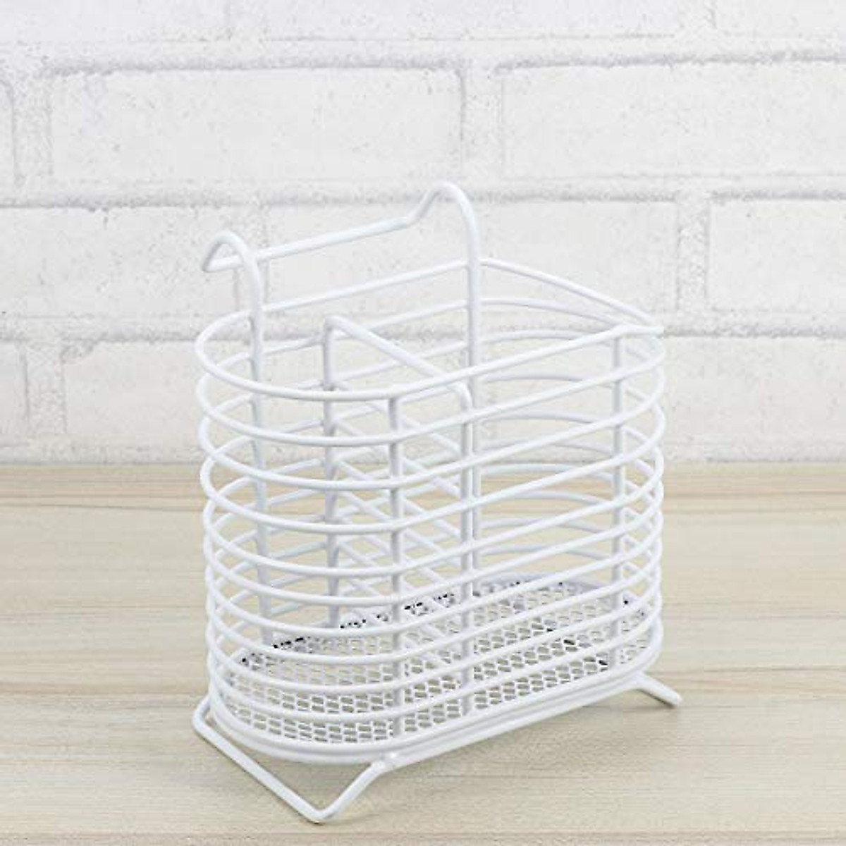 YARNOW Utensil Drying Rack Metal Hanging 2 Compartments Drainer Basket Flatware Storage Drainer Kitchen Organizer White