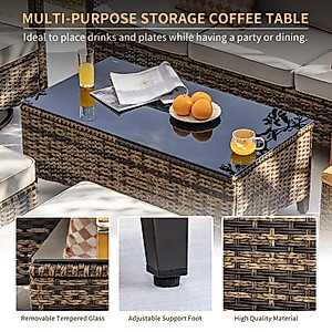 MEISSALIVVE Patio Furniture Sets, 6 Pieces Outdoor Rattan Furniture Conversation Sets with 2 Wood Armrests Swivel Rocker Chairs, 2 Ottoman, 3-seat Sofa and Coffee Table(Brown)