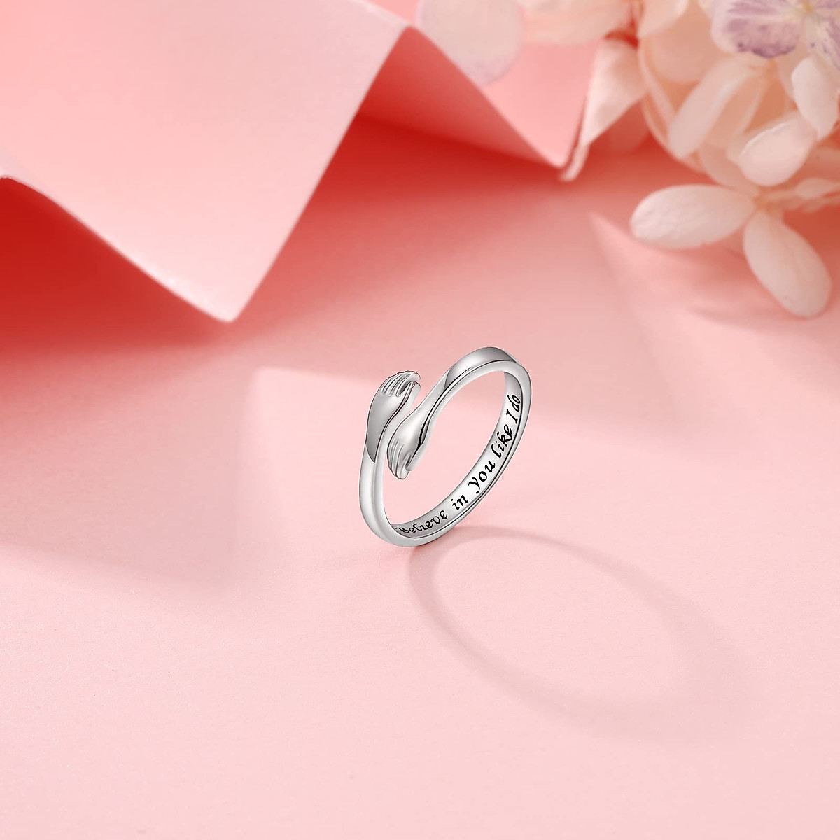 Hug Ring Sterling Silver Adjustable,White Gold Plated Couple Believe In You Like I Do Hug Ring Hugging Rings for Women Men, Friendship Love Rings Wrap Around Hand Ring Jewelry for Teen Girls Sizes 6-9