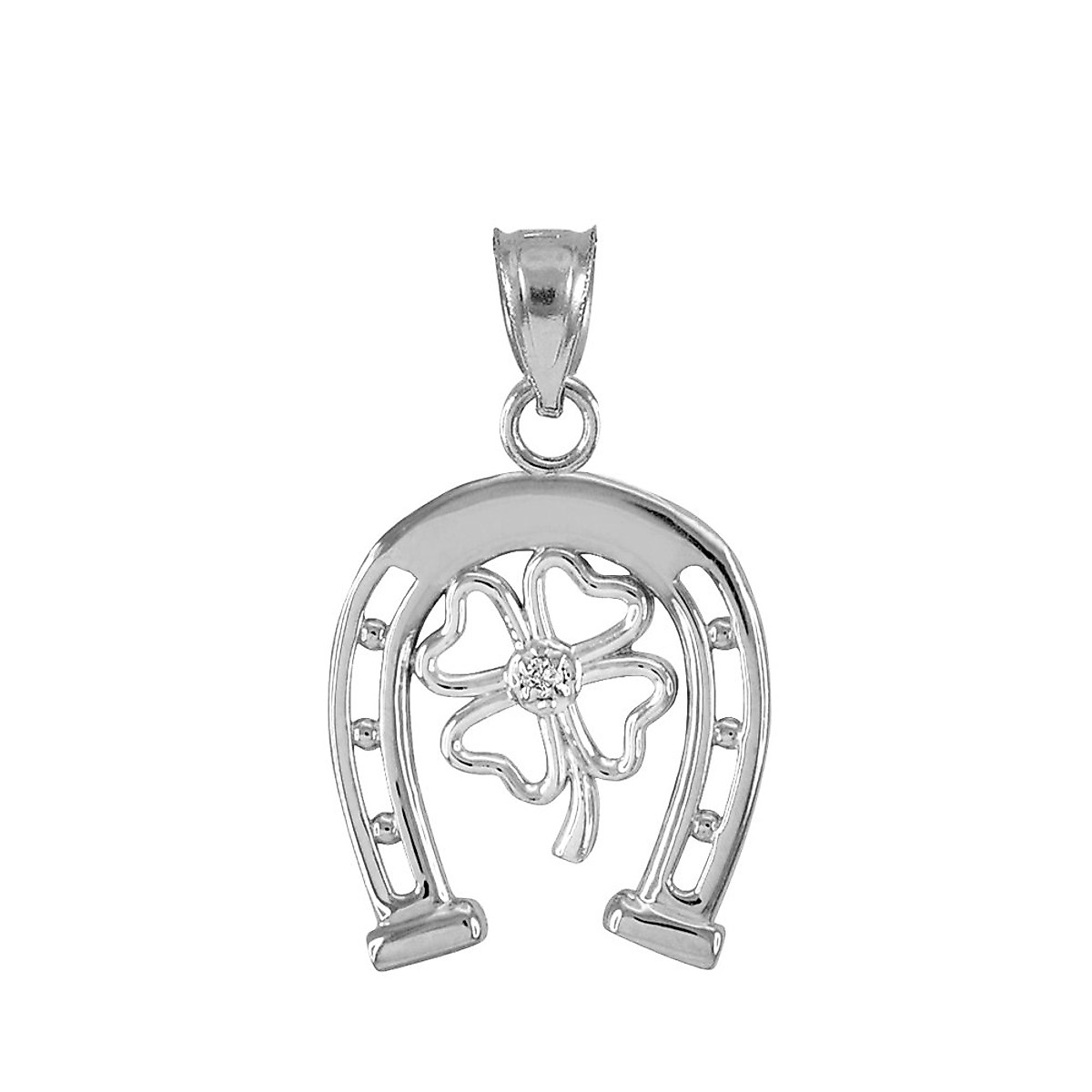 Fine 925 Sterling Silver Lucky Horseshoe with Irish 4-Leaf Clover CZ Pendant