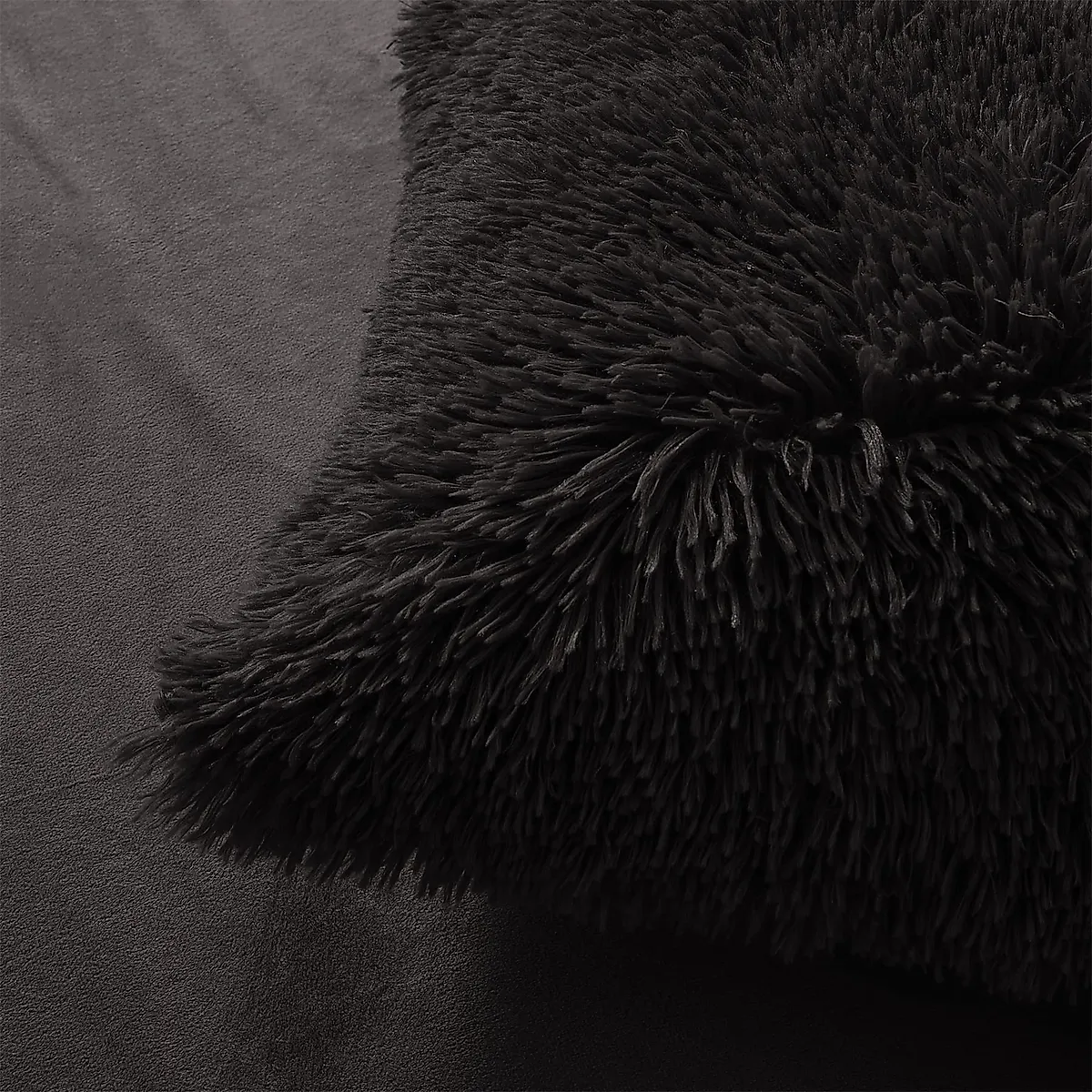 Furry Plush Pillow Covers, Ultra Soft Black Faux Fur, Decorative Bed Pillows, Zipper Closure, Set of 2 (Standard)