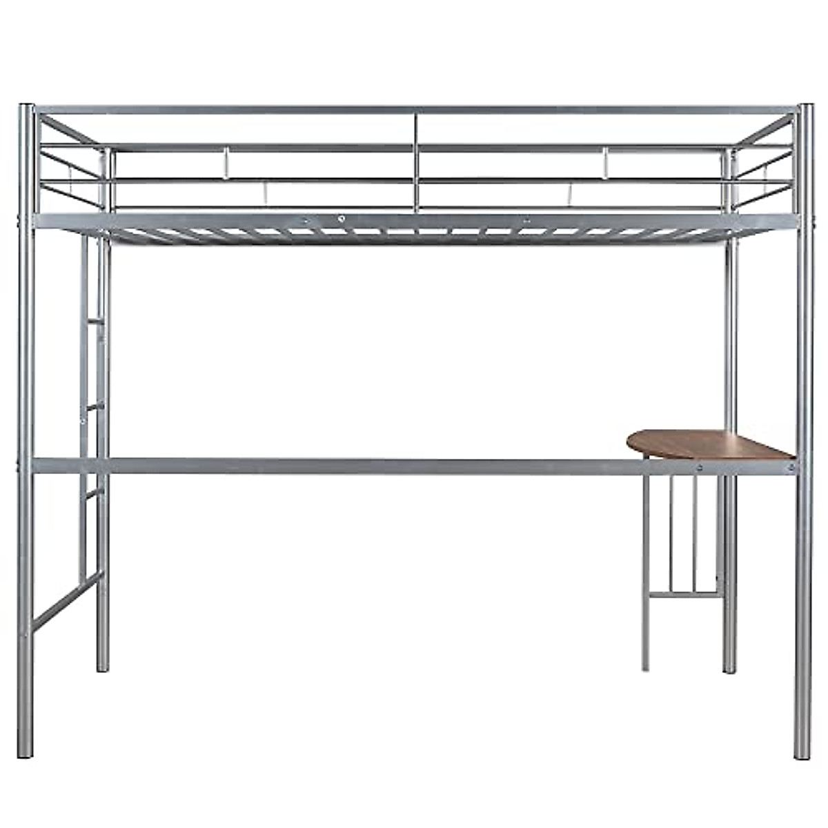 BOVZA Twin Size Loft Bed with Desk, Metal Bed Frame with Ladder and Guardrails, for Kids Teens Adults, Silver