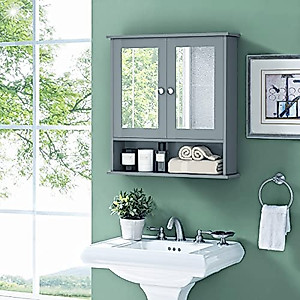 Tangkula Bathroom Cabinet Wall Mounted with Double Mirror Doors, Wood Hanging Cabinet with Doors and Shelves, Bathroom Wall Mirror Cabinet (Gray)