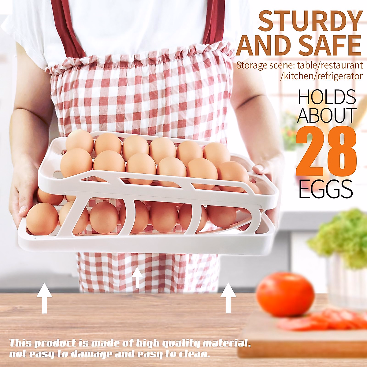 TUSGENK Egg Holder for Fridge, Automatic Rolling Egg Organizer Storage for Refrigerator, 2 Rows Space-Saving Eggs Dispenser, Large Capacity 28 Eggs Container & Tray for Kitchen (2 Layer,White)