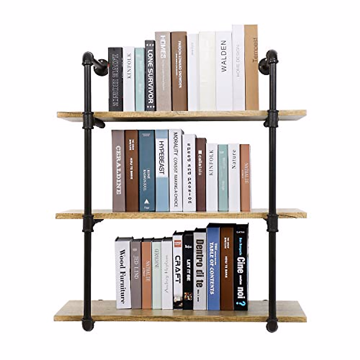 YU YUSING 3 Tier Industrial Pipe Wall Shelf, Rustic Floating Bar Shelves, Wood and Metal Bookshelves for Bedrooms, Bathroom and Kitchens Shelving