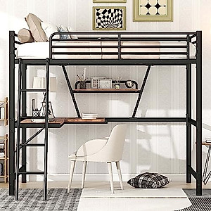 Full Size Metal Loft Bed with MDF Desk and Storage Shelf, Multifunctional Loft Bed with Ladder and Guard Rail, Space Saving, No Box Spring Needed for Boys Girls Teens Adults (Black, Full)