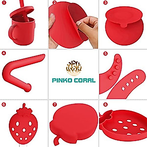 Baby Led Weaning Supplies Pinko Coral Silicone Baby Self Feeding Utensils with Suction Bowl Divided Plate Adjustable Baby Bib Soft Spoon Fork with Lid Drinking Cup Utensil