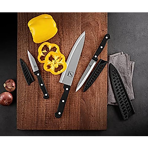 COKUMA Kitchen Knife, 3-Pcs Knife Set With Sheath, 8 Inch Chef Knife, 4.5 Inch Utility Knife, 4 Inch Paring Knife, Stainless Steel Chef Knife Set, Black