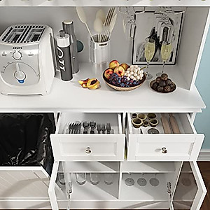 FAMAPY Kitchen Hutch Cabinet with Flip Storage for Garbage Bin, Kitchen Pantry Cabinet Cupboard with Glass Doors & Drawers, Wine Storage, Glass Holder, White (47.3”W x 15.9”D x 75.7”H)