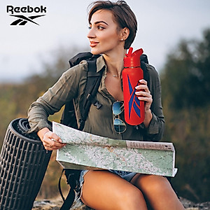 Reebok Stainless Steel Water Bottle With Straw Cap & Athletic Design - Insulated Water Bottles 32 oz - Double Wall Vacuum Insulated Sports Water Bottle With Straw, BPA Free (Red with Blue Vector)