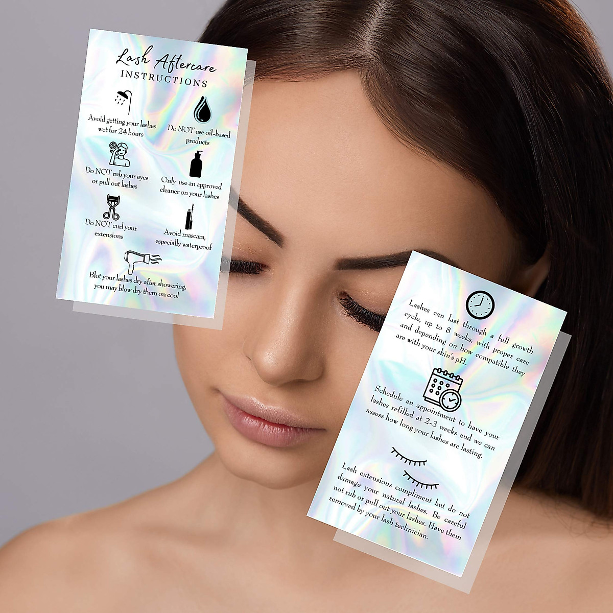 Lash Extension Aftercare Cards | 50 Pack | Business Card Size 3.5 x 2" inches After Care (2-3 Week Fillers) | Non-Reflective Matte Rainbow Holographic Look Design