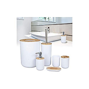 Laipi Bamboo Wooden Bathroom Accessories Set, 6 cs Gift Set Toilet Brush, Soap Dispenser, Waste Bin, Toothbrush Holder, Soap Dish Cup Set
