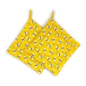 Set of Two Honey Bumble Bees on Yellow Square Pot Holders Hot Pads Trivets Hot Pan Plate Holders