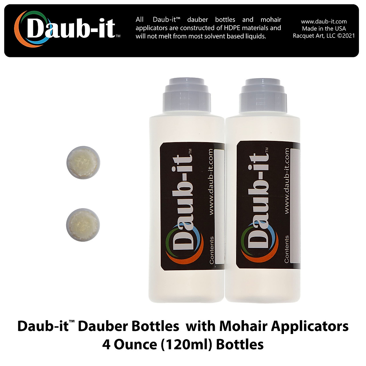 Racquet Art Daub-it Empty Bottles with applicators - 4 oz - Mohair Dauber - 2 Pack