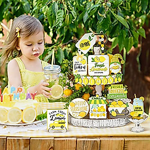 15 Pieces Summer Tiered Tray Decor Set Farmhouse Summer Wood Sign Rustic Beach Tiered Tray Decorations for Home Kitchen Table Shelf (Lemon)