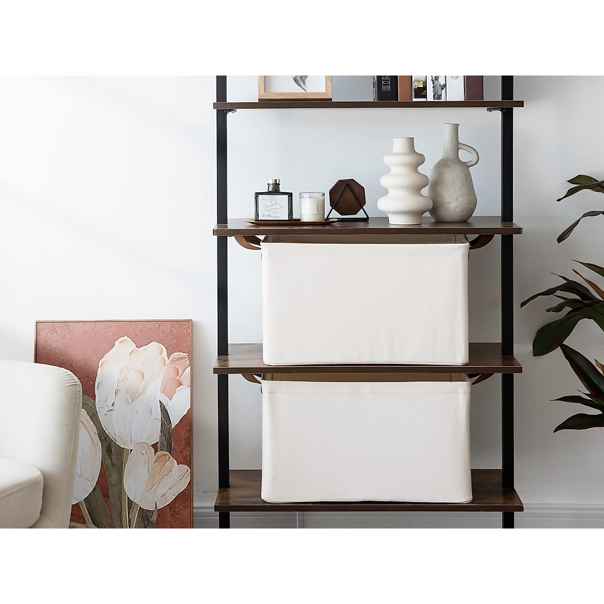 StorageWorks 45L Extra Large Fabric Storage Bins with PU Handles 2-pack, 55L Storage Bin, Decorative Closet Storage Box with Double-Open Lid