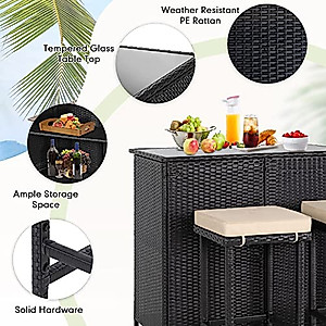 Cemeon Outdoor Bar 3-Piece Patio Bar Set with Two Stools and Glass Top Bar Table Brown Wicker Patio Furniture with Removable Cushions
