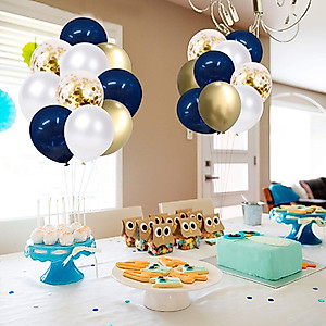 Navy Blue and Gold Confetti Balloons, 60 pcs 12 inch Pearl White and Gold Metallic Chrome Party Latex Balloon with 33 Ft Gold Ribbon for Birthday,Wedding and Celebration Graduation Decoration