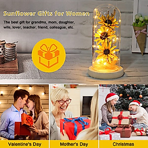 Sunflower Gifts for Women, Sunflowers Artificial Flowers in Glass Dome with LED Strip, Birthday Gifts for Mom & Grandma, Sunflower Decor on Mother's Day, Christmas, Valentine's Day (Yellow)