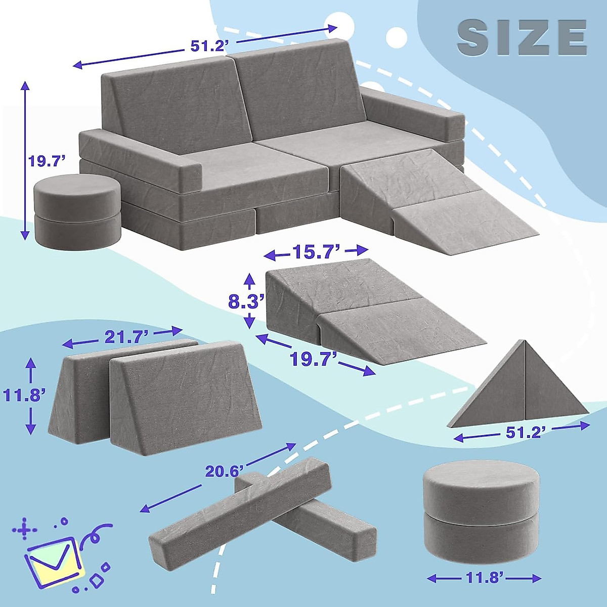 Yaofala Kids Couch, 15 PCS Certified Modular Toddler Couch Kids Play Couch, Child Sectional DIY Sofa Couch for Playroom Bedroom Living Rooms, Convertible Foam and Floor Cushion for Gift