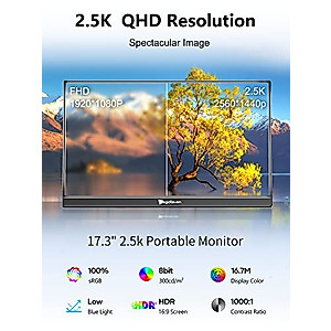 MAGICRAVEN 2.5K Portable Monitor, 17.3 Inch 1440P IPS Laptop Monitor, Dual USB C HDMI Second Computer Screen, VESA Gaming Display with 2 Speakers, Travel Monitor for Laptop PS4/5 PC Phone Xbox Switch