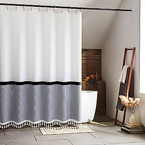 Modern Farmhouse Shower Curtain Set with 12 Hooks Grey Striped Fabric Waffle Shower Curtains Cloth for Bathroom Tassel Fringe Gray Boho Washable Shower Curtain Water Repellent Black Grey 72x78 Inch