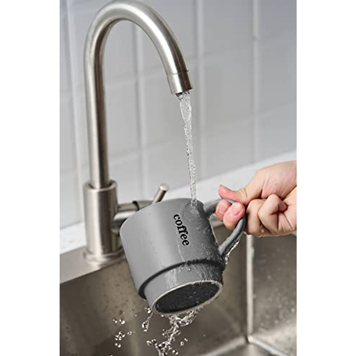 LAUCHUH Stackable Coffee Mug Set with Rack - 15 Ounce Porcelain Coffee Mugs for Coffee, Tea, Cocoa, Milk, Set of 4, Grey