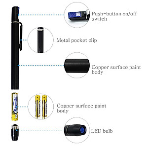 Jeemiter Cobalt Blue LED Professional Medical Penlight PenLite with Metal Clip for Ophthalmologists Doctors Nurses and Eye Examiner Batteries not Included