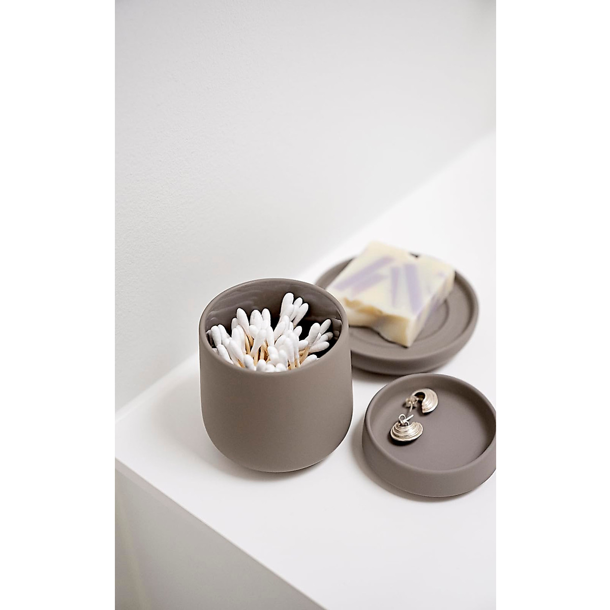 Zone Denmark Nova One Ceramic Storage Box with Lid for Bathroom Utensils such as Cotton Pads & Cotton Buds Diameter 3.3", Height 3.39", Capacity 290 ml,Taupe