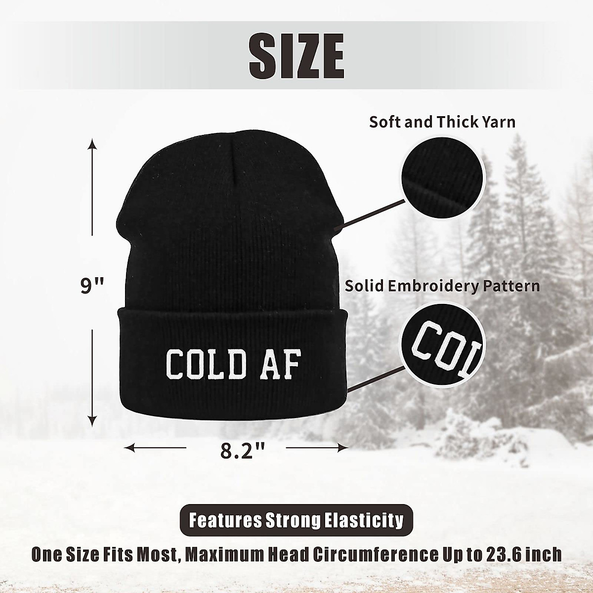 Winter Hat Beanie for Men Women Cold AF Funny Slouchy Knit Cuffed Beanie Skull Cap Hat Custom Unisex Warm Soft Headwear - Christmas Stocking Stuffers Gifts for Him Her Boys Mom Dad Wife Husband Black