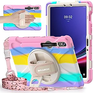 BRAECNstock Kids Case for Samsung Galaxy Tab S9 FE/ S9/ S8/ S7 5G 10.9"/ 11" Shockproof Protective with Pencil Holder, [360° Rotating Hand Strap & Stand], Shoulder Strap, Colorful Pink