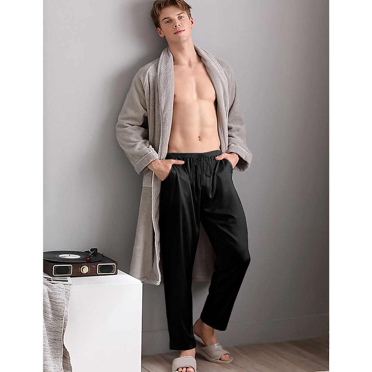 SWOMOG Men's Satin Silky Pajama Pant Long Pj Bottoms Soft Lounge Sleep Pants with Pockets Black Large