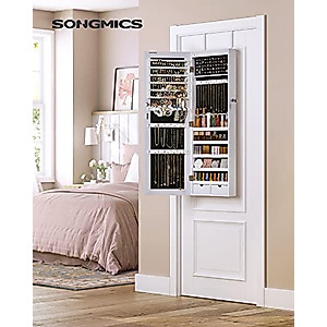 SONGMICS 6 LEDs Mirror Jewelry Cabinet, 42.5-Inch Tall Lockable Wall or Door Mounted Jewelry Armoire Organizer with Mirror, 2 Drawers, 3.7 x 14.6 x 42.5 Inches, White UJJC99WT