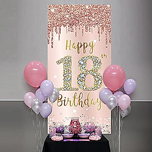 Happy 18th Birthday Door Banner Backdrop Decorations for Girls, Pink Rose Gold 18 Birthday Party Door Cover Sign Supplies, Eighteen Year Old Birthday Poster Background Photo Booth Props Decor
