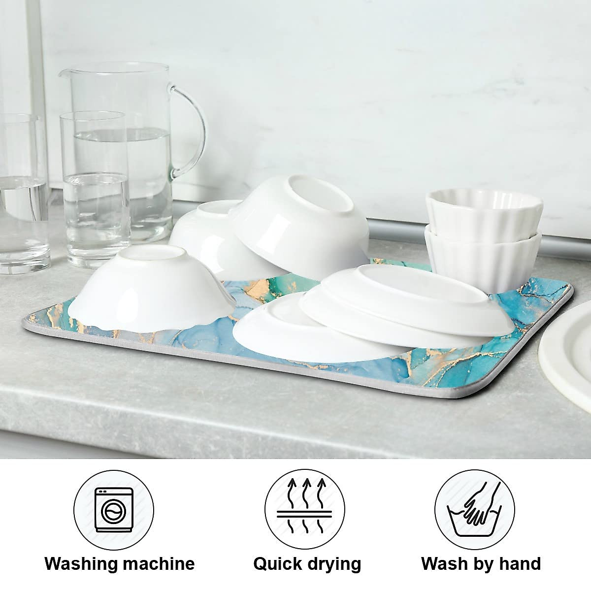Marble Dish Drying Mat for Kitchen Counter Blue Teal Turquoise Gold Drying Mat 18 x 24 Inch with High Absorbent Reversible Microfiber Dish Drying Pad Dish Rack Pad Drainer Mat for Coffee Bar