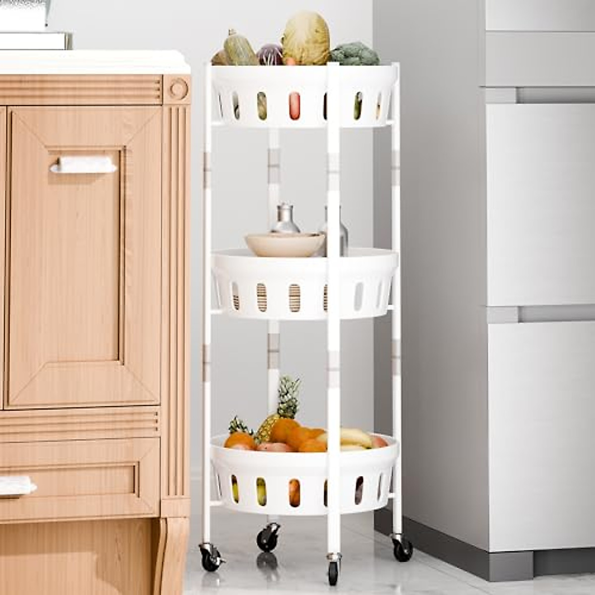 TOLUON Foldable Kitchen Storage Rack with Universal Wheels, 3 Tiers Large Capacity Smooth Sliding Vegetable Basket, Sturdy Construction No Installation Sundries Storage Shelf for Dorm Office White