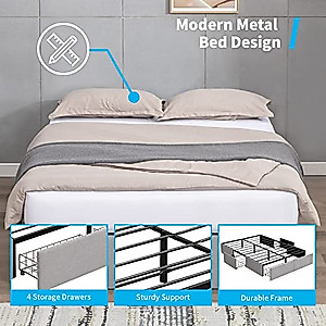 Mjkone California King Size Bed Frame with 4 Storage Drawers,Upholstered Platform Metal Bed with Premium Linen Fabric,Cal King Bed Base Frame with Metal Support,Easy Assembly/Space Saving-Light Grey