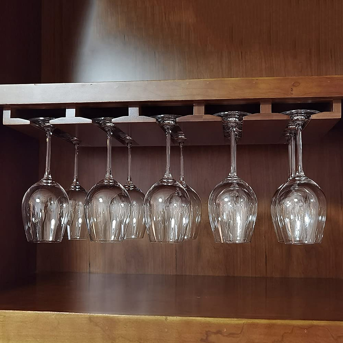 Bamboo Wine Glass Rack,Under Cabinet Stemware Rack,3/4/5 Rows Glasses Storage Holder for Bar Kitchen,Hanging Wine Glass Holder